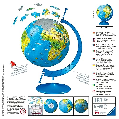 Ravensburger Children's World Globe 180 Piece 3D Jigsaw Puzzle | Easy Click Technology | Displayable Art | Perfect for Kids and Adults | 10.5 in Diameter