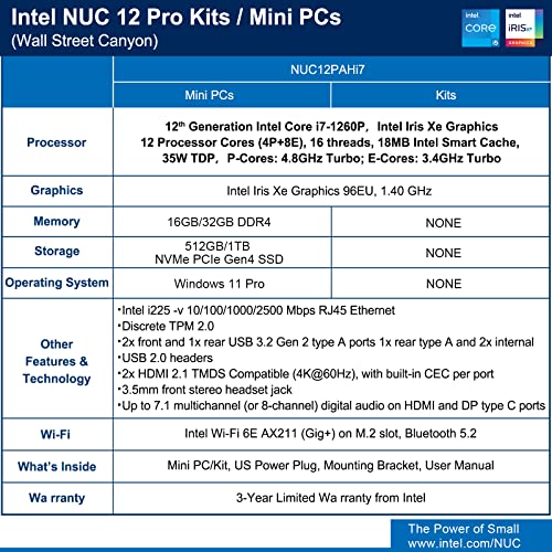 Intel NUC 12 NUC12WSHi7 Wall Street Canyon Mini Computer 12th Gen Intel Core i7-1260P, 12 Cores(4P+8E), 16 Threads, 18MB Intel Smart Cache, Intel Iris Xe Graphics,32GB RAM, 1TB PCIe SSD, Win 11 Pro