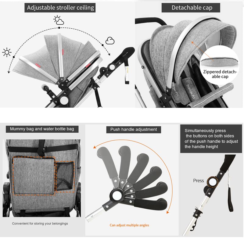 Cynebaby Baby Stroller, Convertible Bassinet Stroller for Newborn Infant Lightweight Pram Strollers with Snack Tray… (Gray)