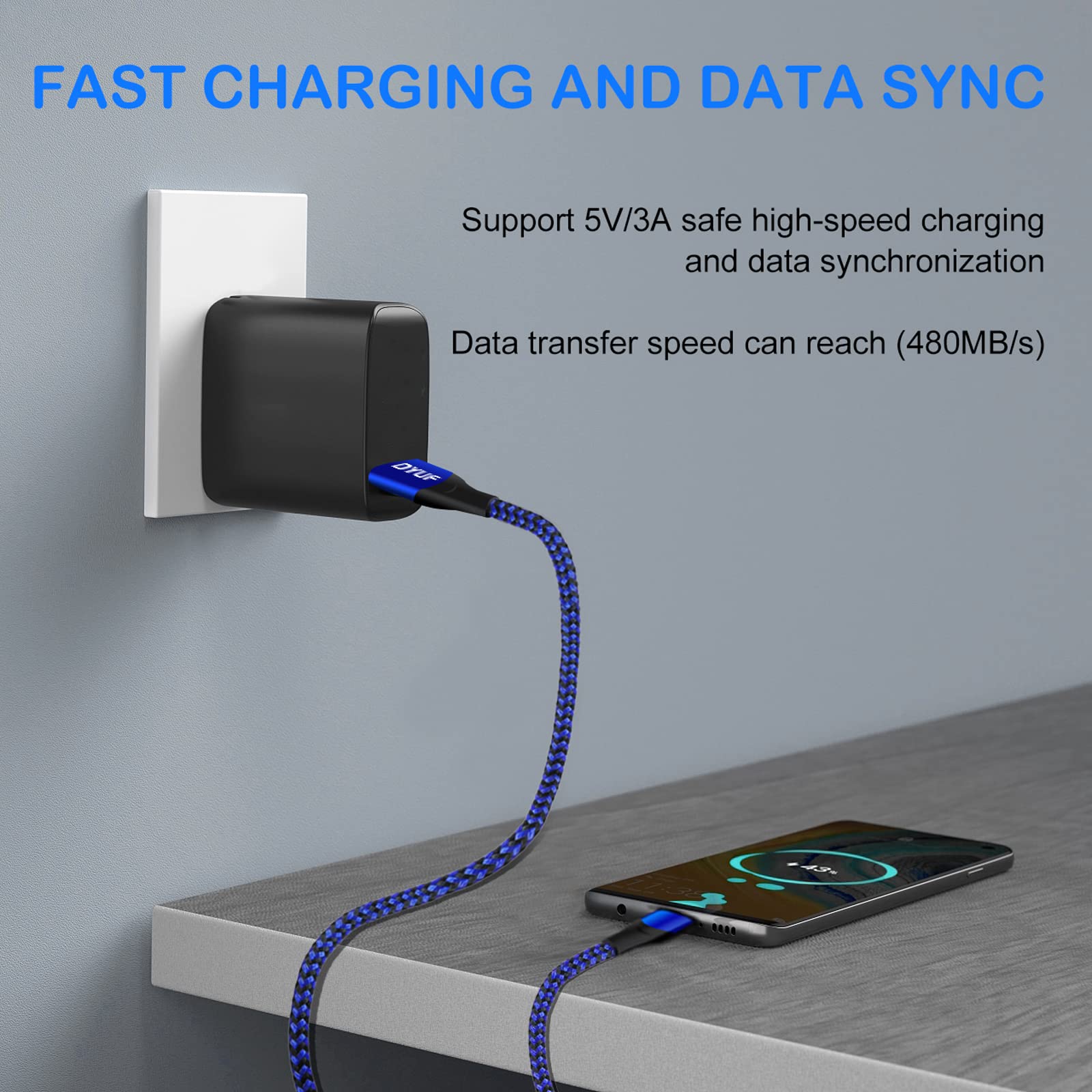 DYUF USB C to USB C Cable, 60W [3PCS 3.2ft 4.9ft 6.5ft] 3A Blue Braided High-Speed USB C Charging Cable, Compatible with Samsung Galaxy S22/S21/S20 Ultra, Note 20/10, etc