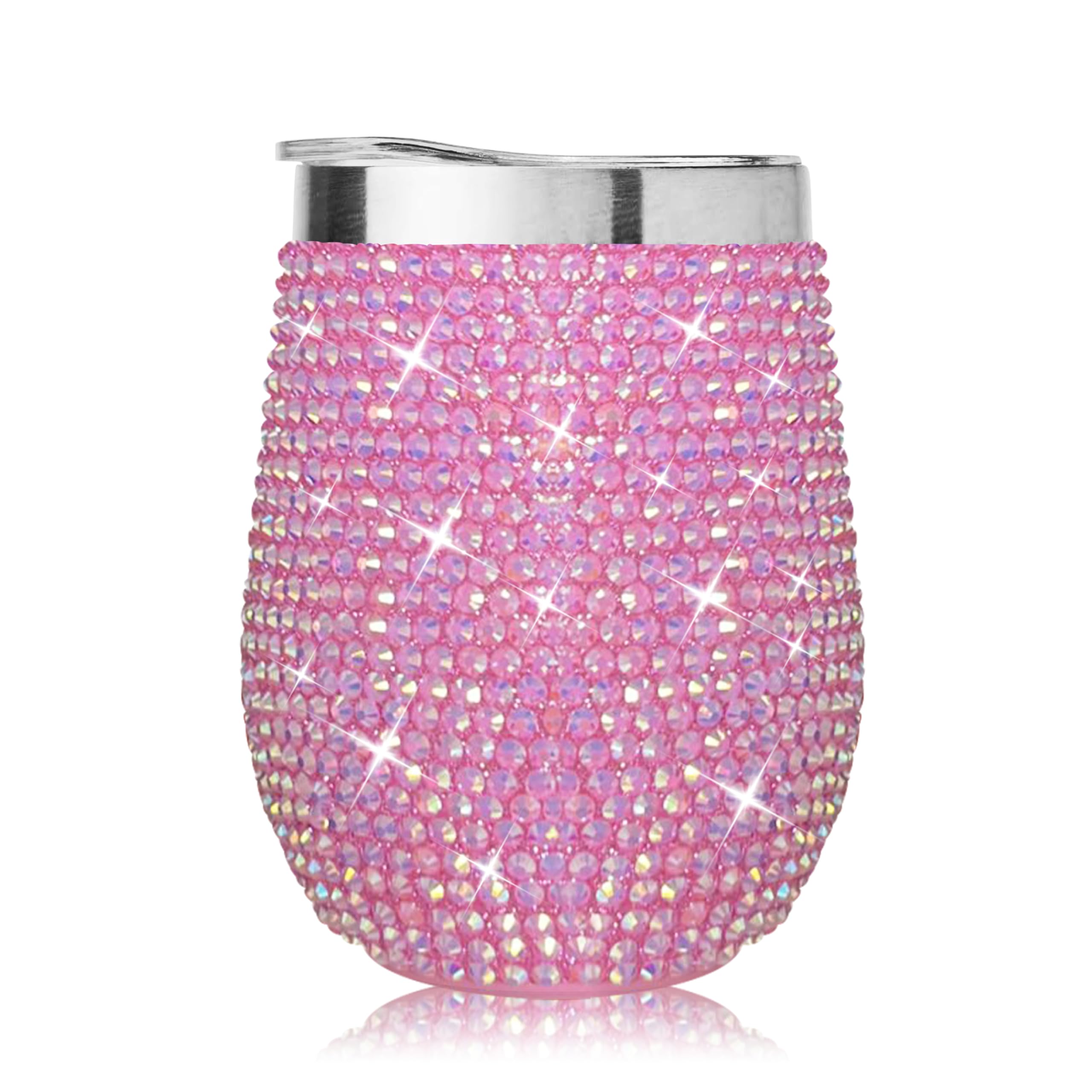 HappiGifts Sparkle Tumbler Collection, Glitter Bling Diamond Rhinestone Wine Tumbler, Stainless Steel Insulated Cup with Lid (Pink)