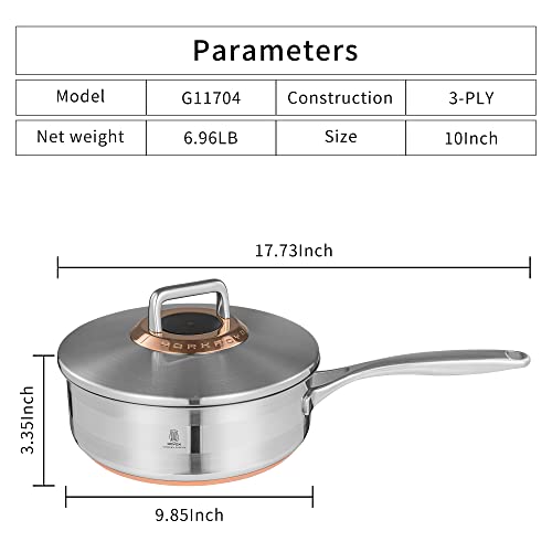 RD ROYDX Stainless Steel Deep Saute Pan With lid Copper Core 10 Inch Tri-ply Impact-bonded Base Technology Frying Pans for Cooking