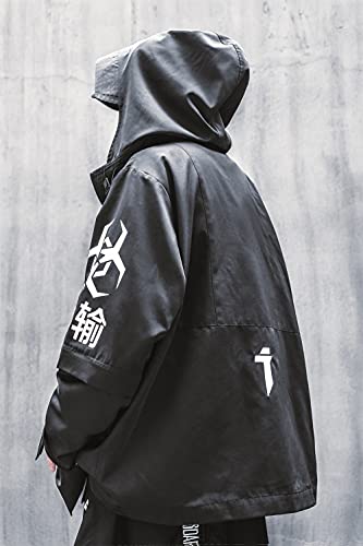 Niepce Inc Japanese Streetwear Zip Up Windbreaker Jacket for Men (Black2, XL)