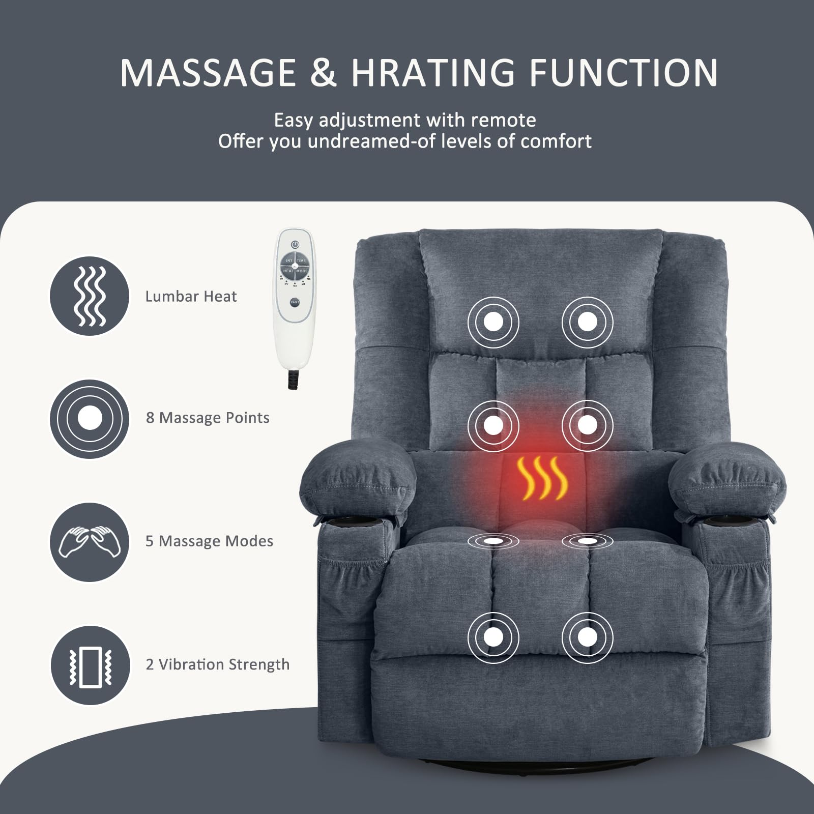 BOSMILLER Massage Swivel Rocker Recliner Chair with Vibration and Heat Ergonomic Lounge for Living Room Rocking Function Side Pocket, 2 Cup Holders, USB Charge Port, Blue