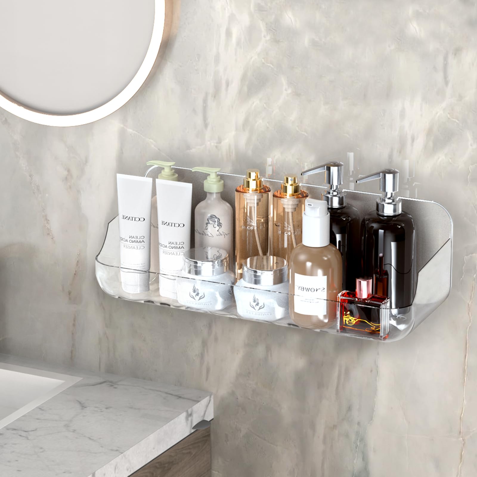 FEPTUASE Acrylic Shower Shelves, Clear Bathroom Shelves, Wall Mount Organizer, No Drilling Transparent, Self Adhesive Shower Caddy for Bathroom & Kitchen Storage (12.6" x 4.33" x 3.54")
