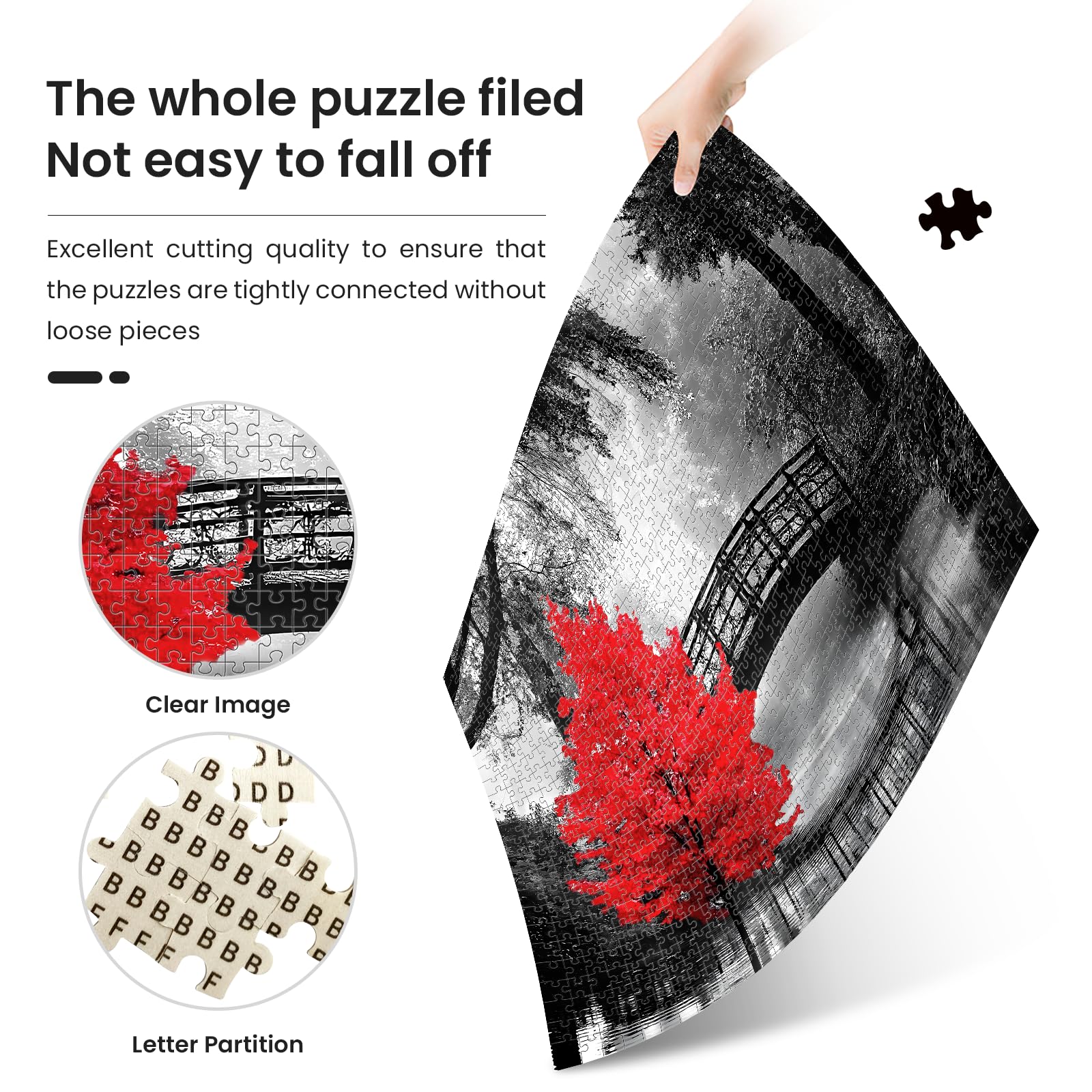 najiaxiaowu Adult Puzzle Classic Jigsaw Puzzle 1000 Pieces Wooden Puzzle DIY Black and White Bridge and Red Tree Modern Home Decor Intellectual Game Wall Art Unique Gift 75x50cm