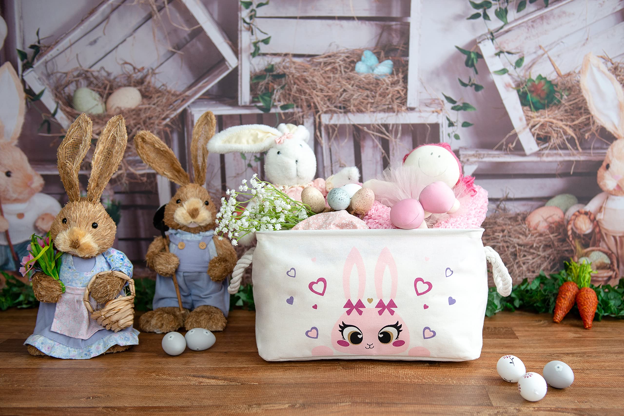 Kazulo Pink Bunny Easter Basket For kids, Rectangle Rabbit Basket, Easter Basket for Girls, Egg Hunt Bag For Boys and Girls,, Kids Easter Basket, Bunny Basket (Pink Bunny)