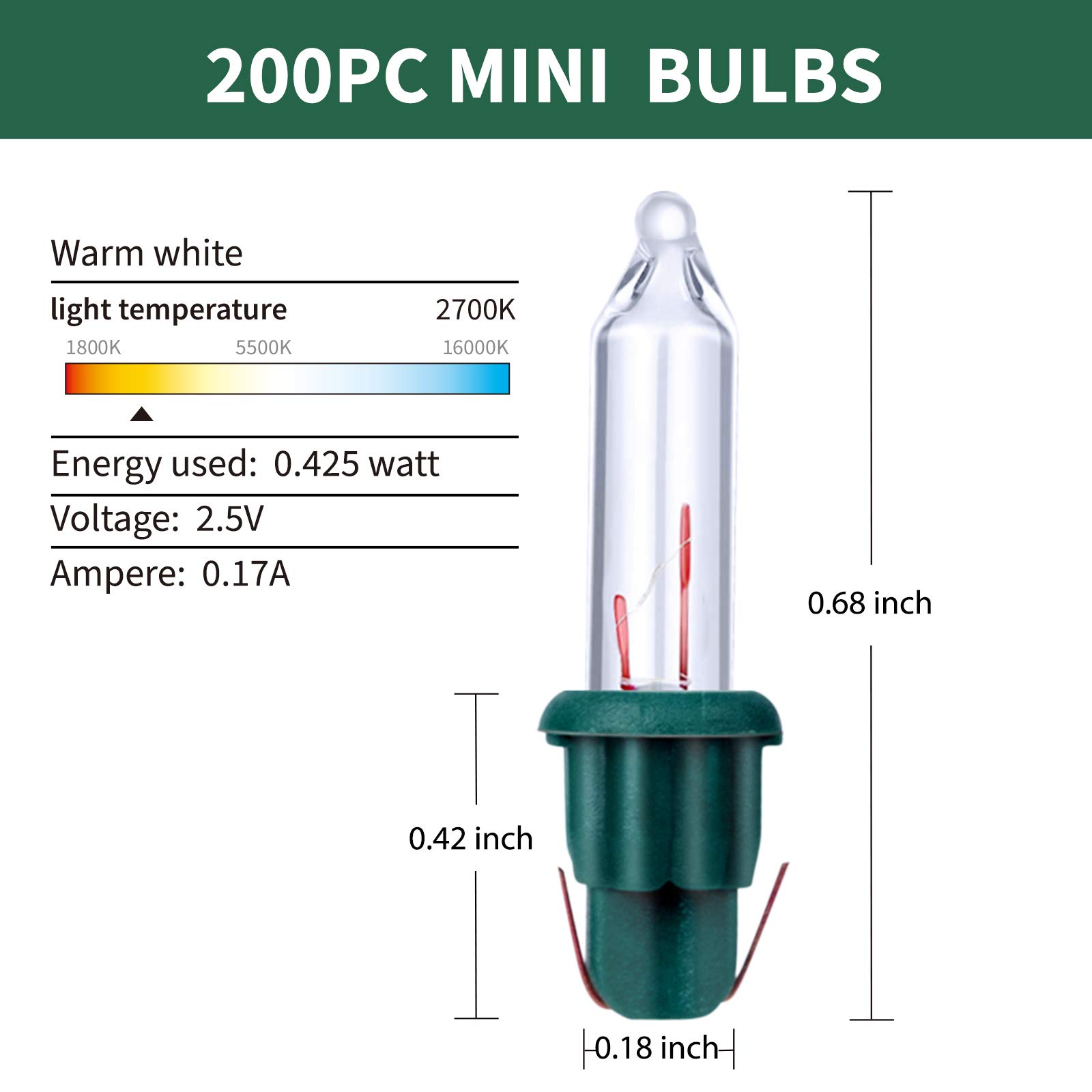 Brightown Christmas Lights Replacement Mini Bulbs 2.5 Volt 200 Count Glass Incandescent Green Base for Xmas String Lights Outdoor Indoor Holiday Party Decor, Warm White