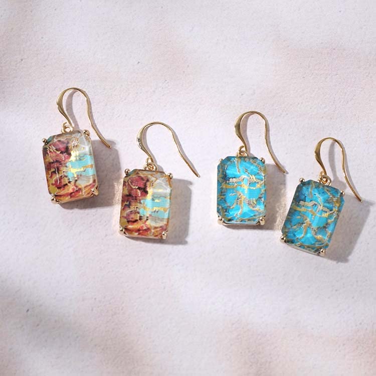 Bonaluna Atlantic Ocean Turquoise Glass Geometric Square Dangle Statement Earrings for Women