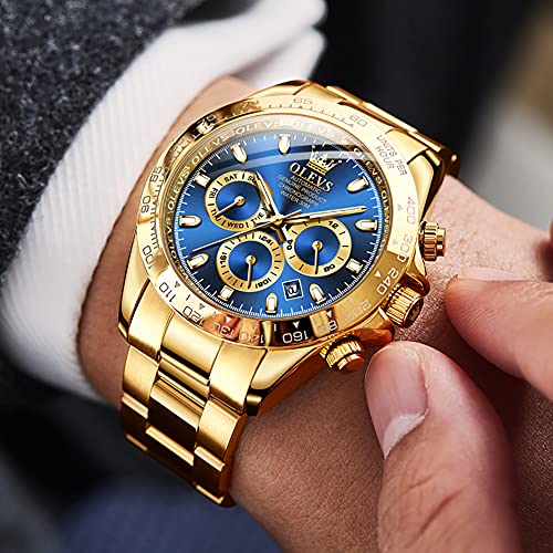 OLEVS Men's Gold Automatic Mechanical Self Winding Waterproof Luminous Calendar Multifunctional Stainless Steel Casual Business Luxury Dress Watch