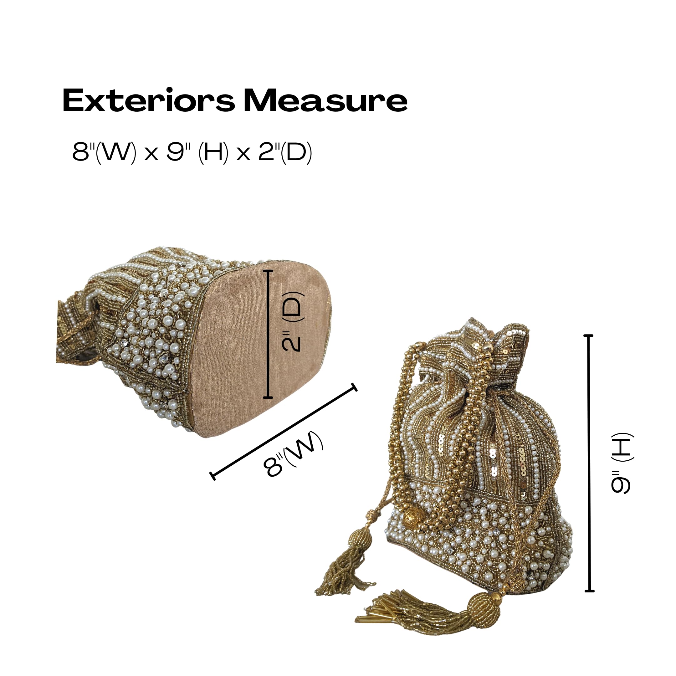 CRAFT BAZAAR Handmade Beaded Gold Evening Bag, Indian Potli Bags For Weddings And Parties, Wristlet Drawstring Bags