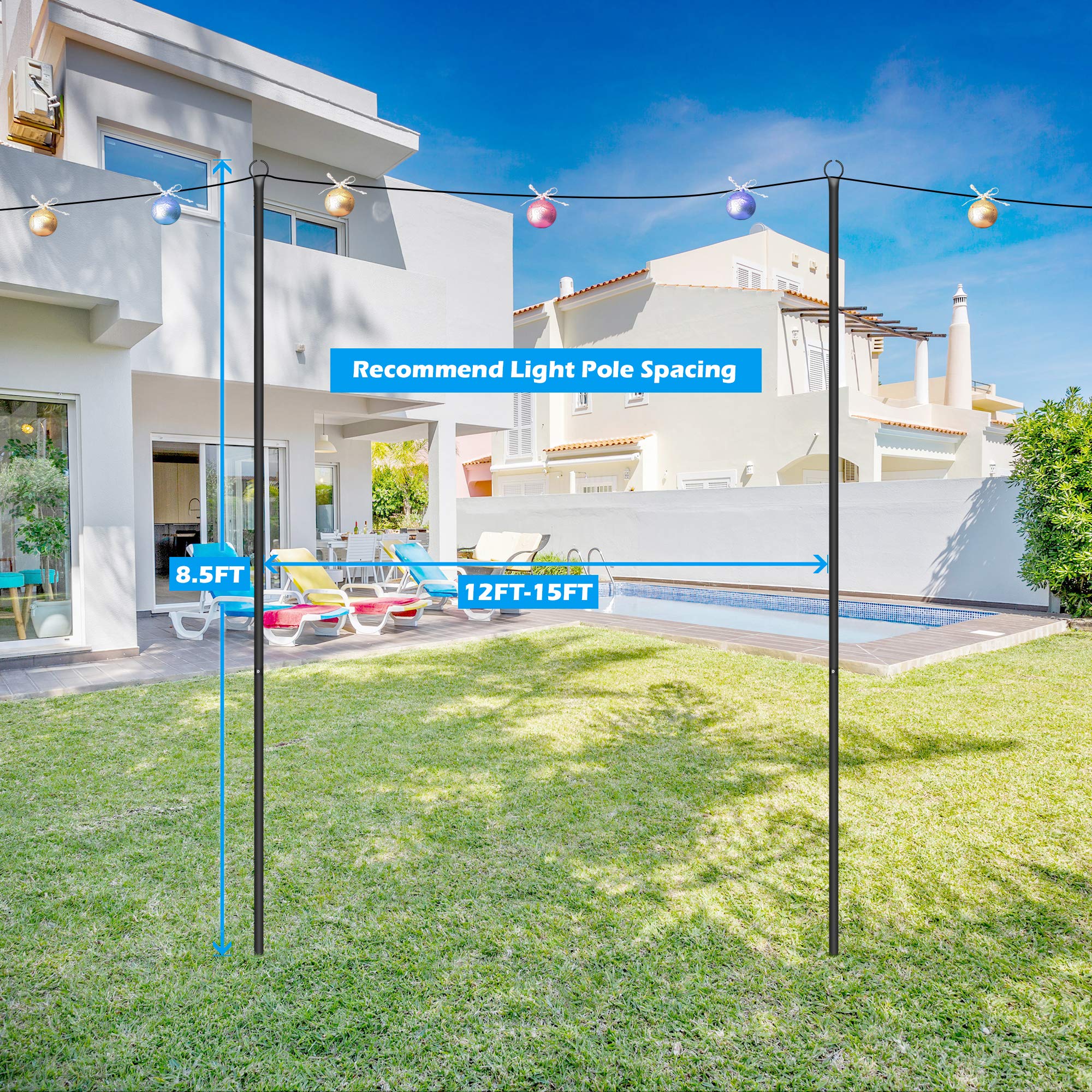 BRILLIHOOD 2 Pack of Outside String Light Pole, 9ft Sturdy 4-Prong Fork Pole Stand for Hanging LED Solar Bulbs for Patio, Backyard, Courtyard, Garden, Christmas, Café Wedding Light Décor