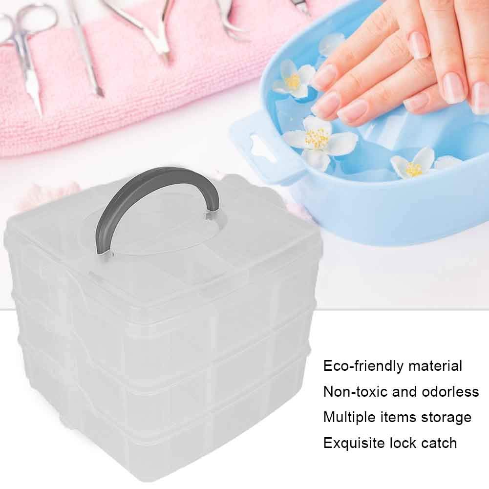 Craft Organizer Box 3 Layers Nail Art Storage Box Plastic Clean Jewelry Organizer Container with Adjustable Compartments for Nail, Hair Accessories, Beads, Threads, Ribbon, Art Supplies