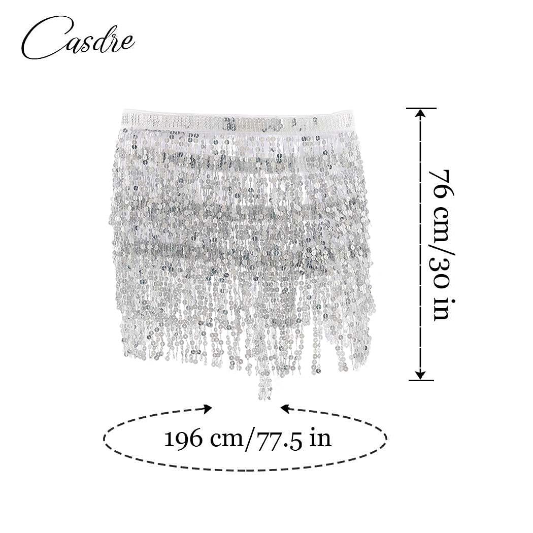 CASDRE Sequin Tassel Dance Skirt Performance Outfits for Women and Girls(Silver)
