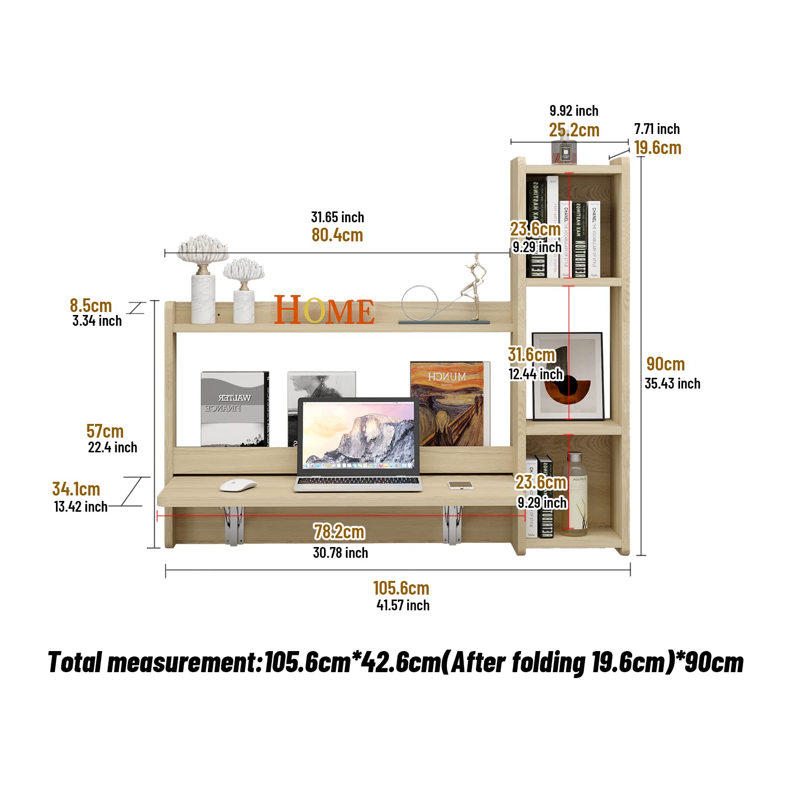 Pmnianhua Floating Desk,41''Wall Mounted Table Folding Fold Down Laptop Computer Desk with Storage Shelves for Wall Bedroom Small Space (Natural)