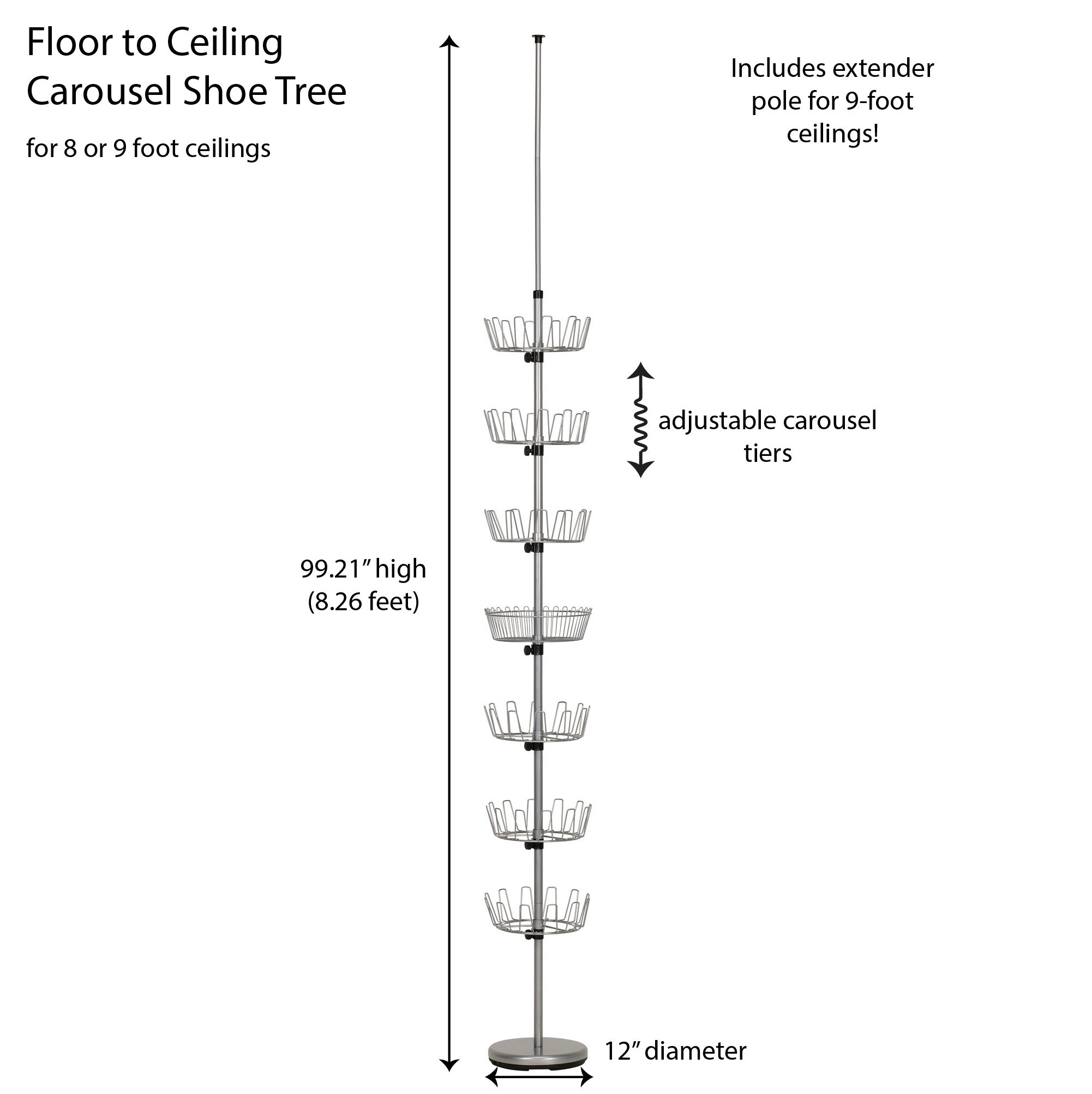 Household Essentials 2197-1 Floor to Ceiling Adjustable 6-Tier Revolving Shoe Rack with Basket - Silver