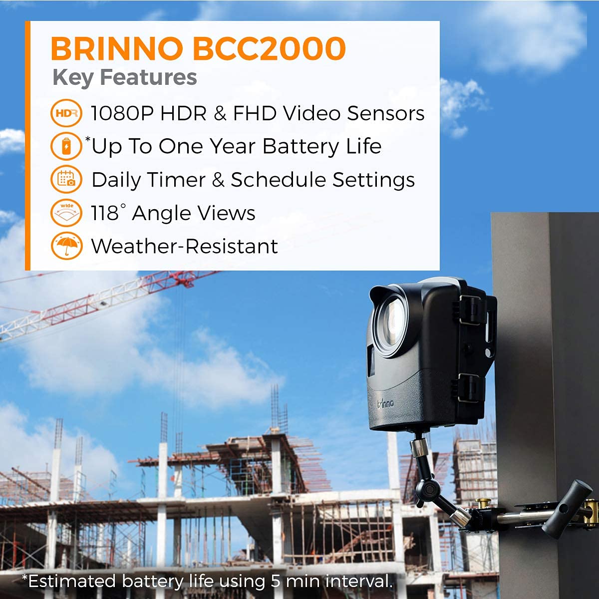 Brinno BCC2000 - Construction & Outdoor Security Time Lapse Camera Trio Bundle Pack - Up to 1-Year Battery Life - 1080P - Includes: TLC2000 Camera, Industrial Clamp, & Weather-Resistant Case
