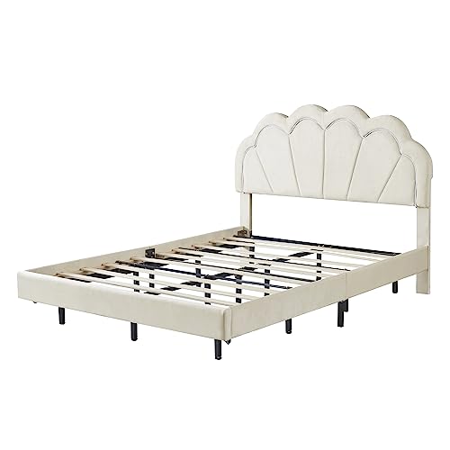 Harper & Bright Designs Floating Upholstered Full Platform Bed with LED Lights and Flowers Headboard. Velvet Full Size Bed Frame with Wooden Slats Support, No Box Spring Needed (Full, Beige)