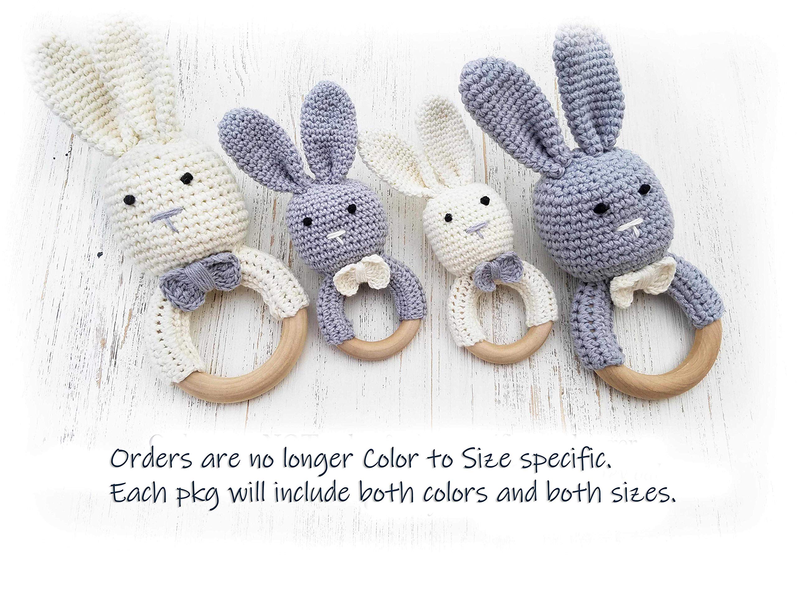 Natural Wooden Baby Toys Cotton Crochet Bunny Teething Ring Teether Rattle Set of 2 Newborn Unisex Baby (Grey Mama White Baby)