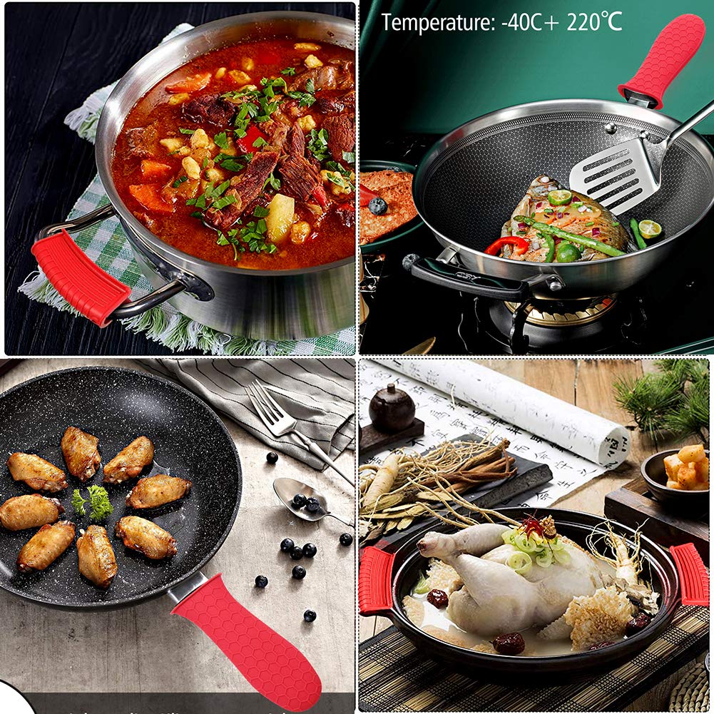 Cast Iron Skillet Handle Covers Silicone Hot Handle Holder,4 Pieces Pan Handle Sleeve Pot Holders Cover,Non Slip Rubber Pot Holders for Cast Iron Skillet Metal Pan (Red)