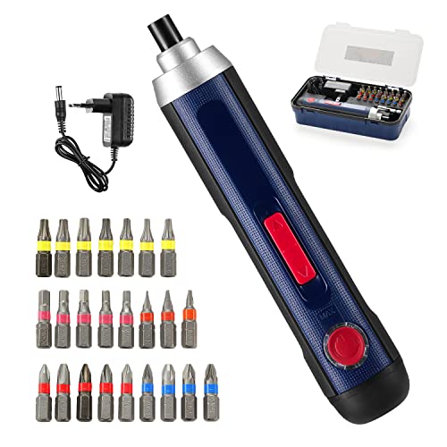 Dextra 4V Electric Power Screwdriver, Cordless Screwdriver Set with 25 Magnetic Bits,Mini Electronic Screw Drivers Rechargeable,Lithium Ion Battery,LED Work Light,Bit Holders,Storage box,Type C Cable
