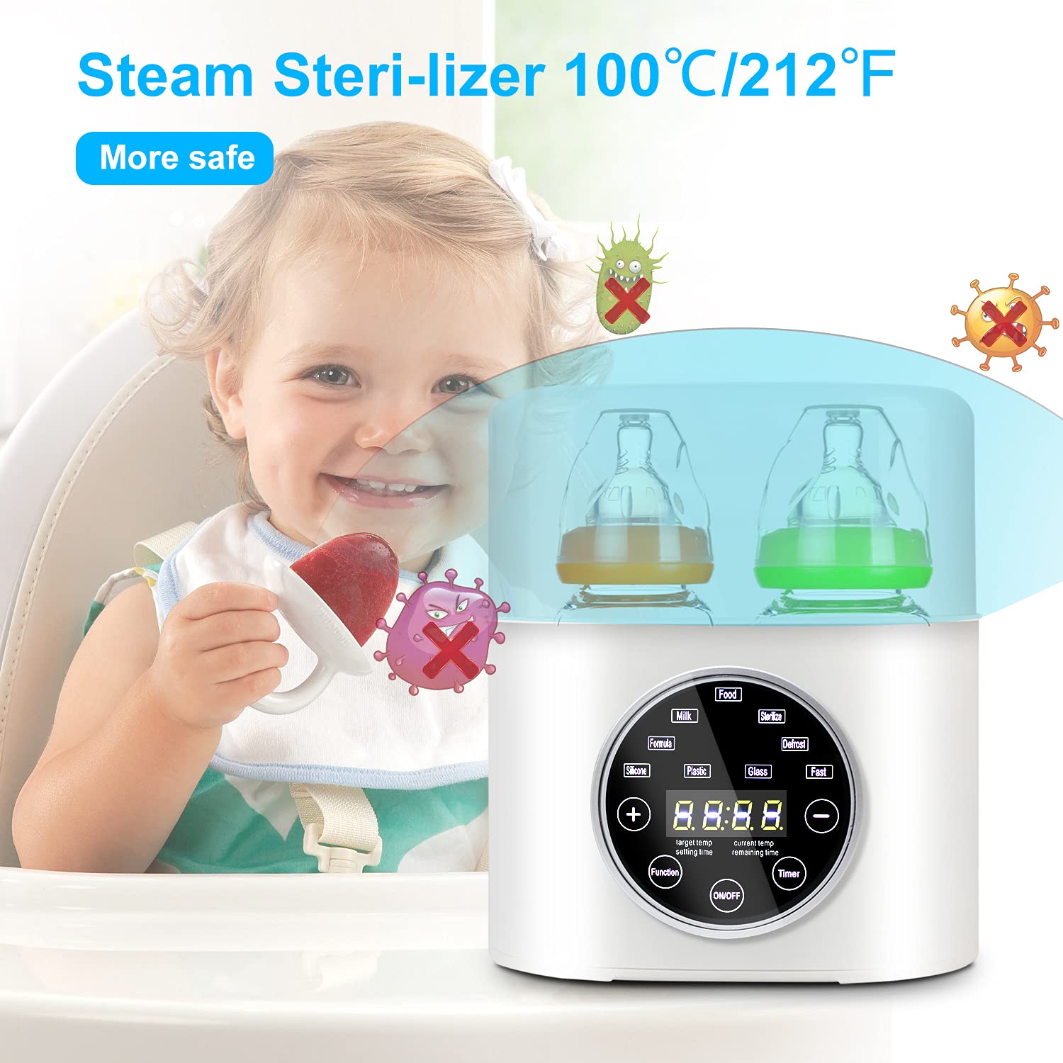 Bottle Warmer, CREPOW Fast Baby Bottle Warmer and Bottle 6-in-1 Fast Food Heater Defrost Warmer for Baby Milk Breastmilk Formula with LED Display Thermostat Timer Function