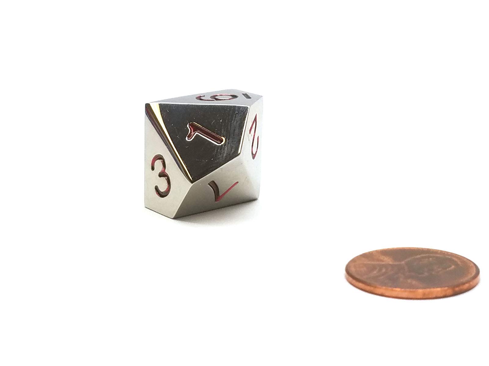 Koplow Games Single D10 20mm Numbered 0 to 9 Metal Die - Silver with Red Numbers