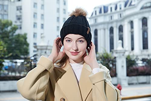 SAMZX Womens Winter Hat Thick Cable Knit Warm Beanie for Women with Faux Fur Pom Pom Hat Black
