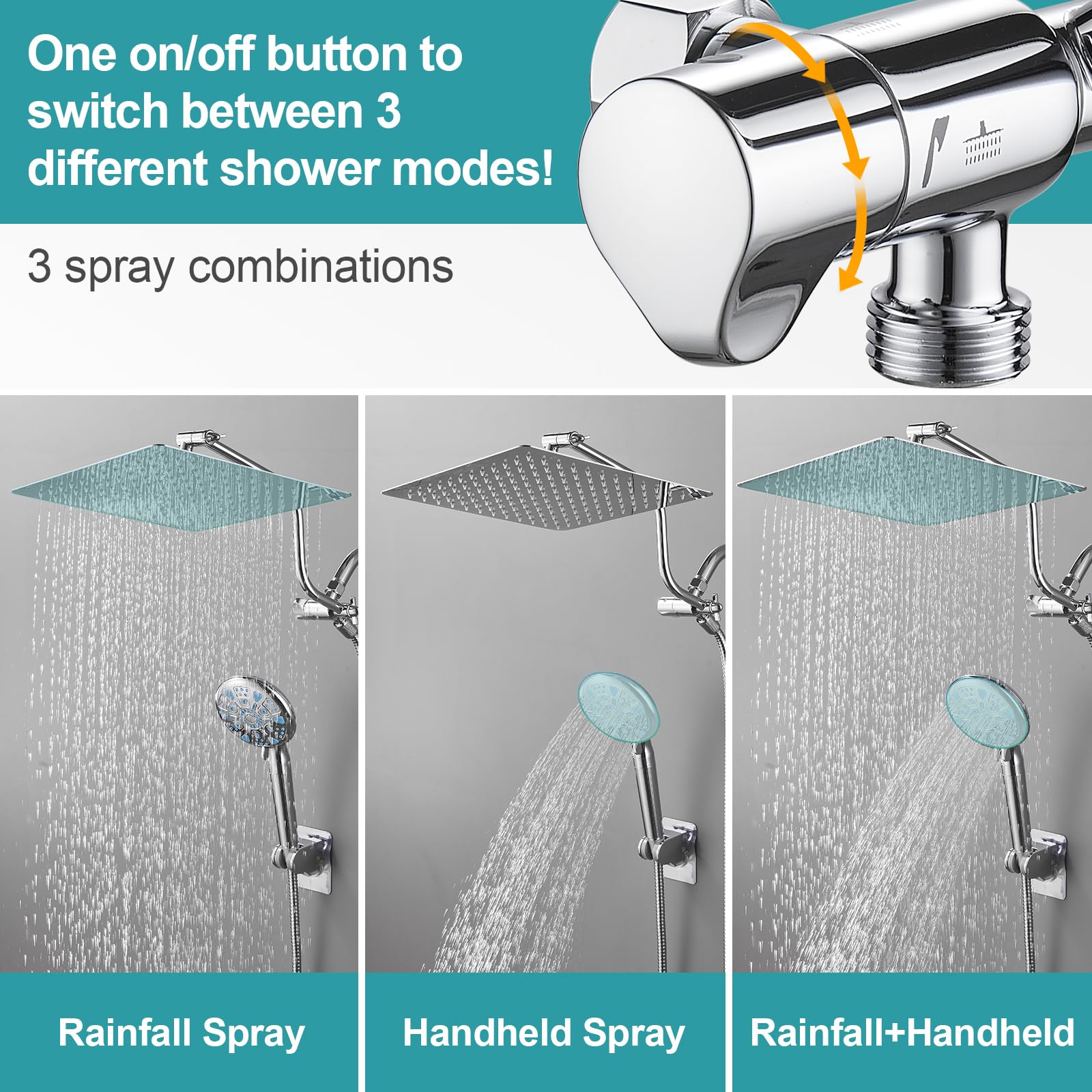 Cobbe 12 Inch All Metal 3-Way Rain Shower Head, High Pressure Shower Head, Dual Shower Heads with Handheld Spray Combo - Upgrade Extension Arm Height Adjustable - 9 Spray Filtered Shower Head, Chrome