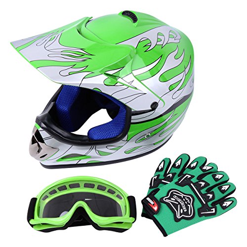 Sange DOT Youth Kids Offroad Helmet Motocross Helmet Dirt Bike ATV Motorcycle Helmet Gloves Goggles Compliant with FMVSS 218(Green, Large)