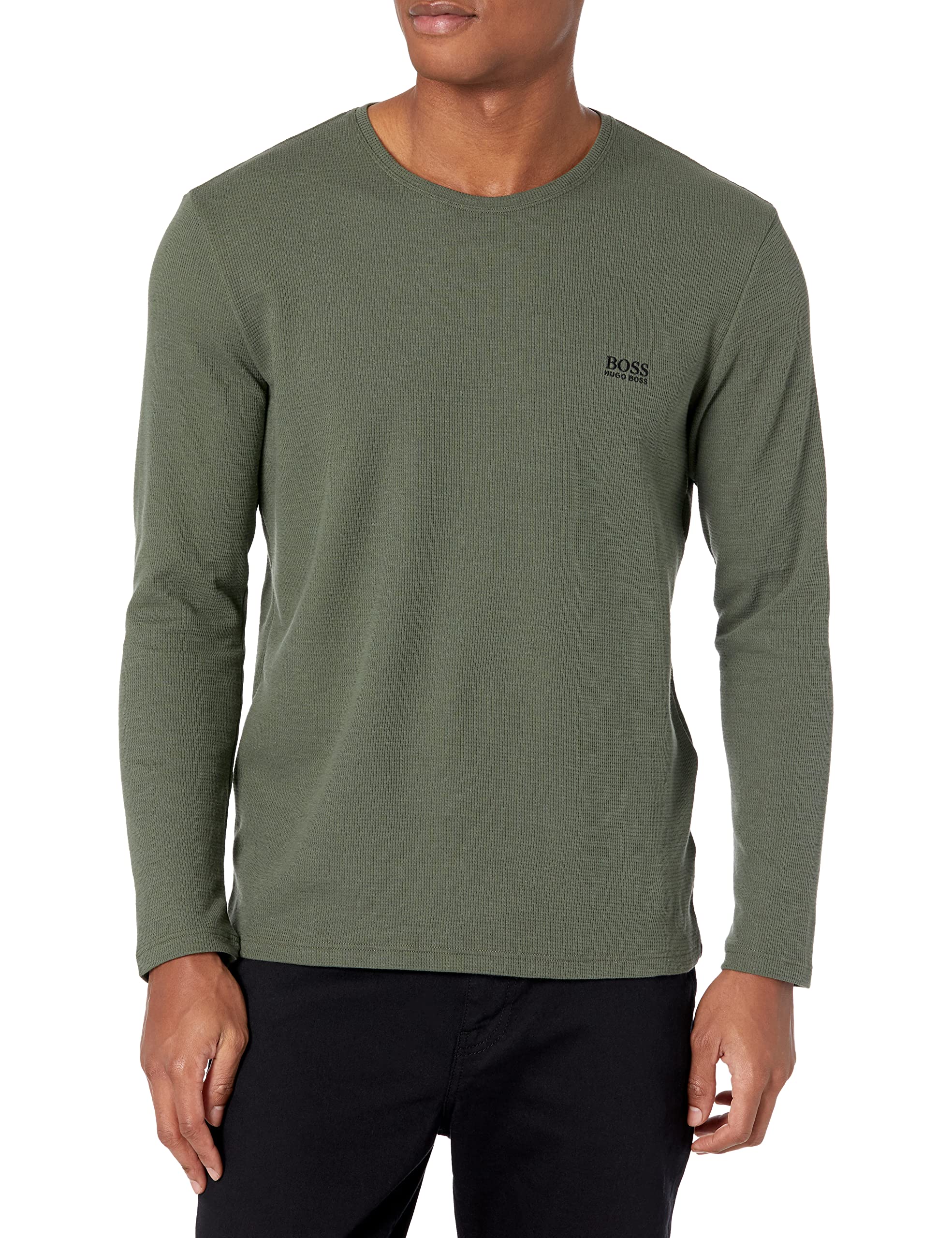 BOSS Hugo by Hugo Mens Waffle Cotton Blend Long Sleeve Shirt Pajama Top, Light/Pastel Green, Small US
