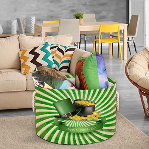 Saint Patrick's Day Green Hat(01) Large Round Baskets for Storage Laundry Baskets with Handles Blanket Storage Basket for Bathroom Shelves Bins for Organizing Nursery Hamper Girl Boy