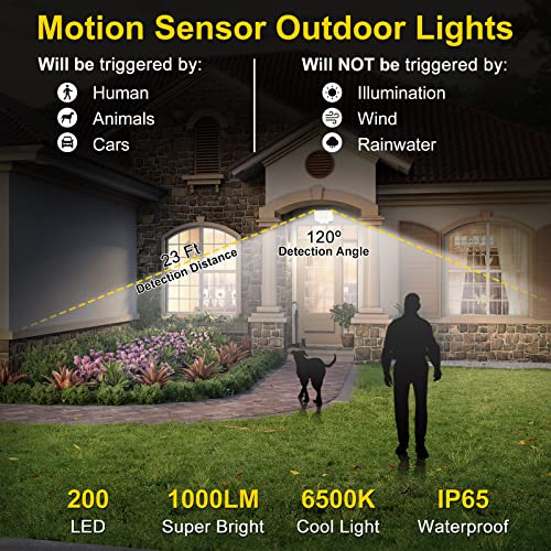 NACINIC Solar Outdoor Light Motion Sensor Waterproof with 200 Bright LED, Remote, Separate Panel, 16.4Ft Cable, Dusk to Dawn Lighting Mode, Security Solar Powered Flood Lights 200 LED 3-Pack