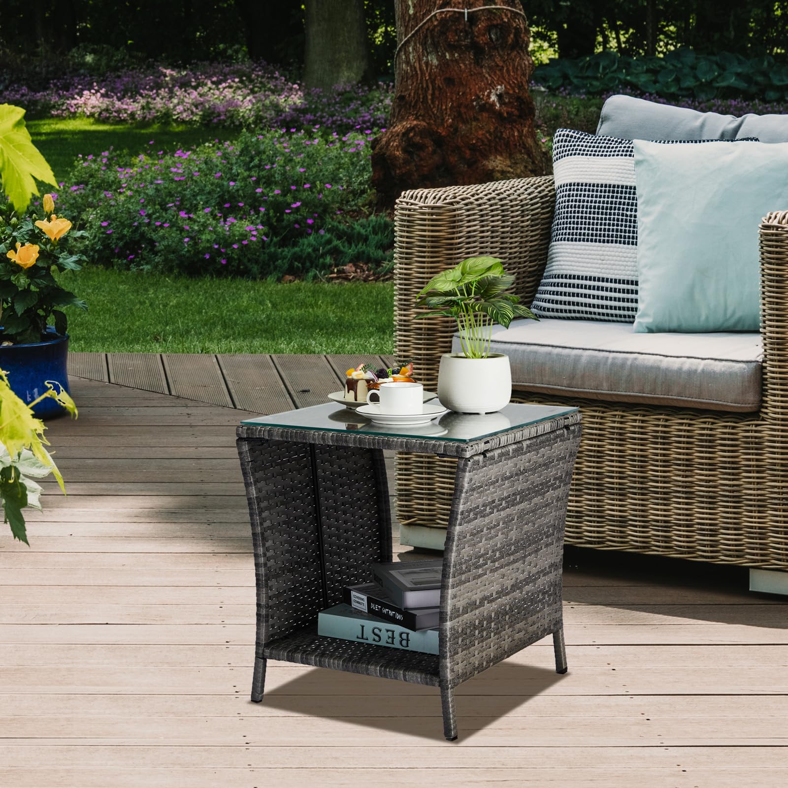 HEPMIMZHU Outdoor Patio Wicker Side Table, Square End Table Bistro Coffee Table with Glass Top Storage Shelf for Porch Garden Backyard Rattan End Table Furniture with Storage (Light Grey)