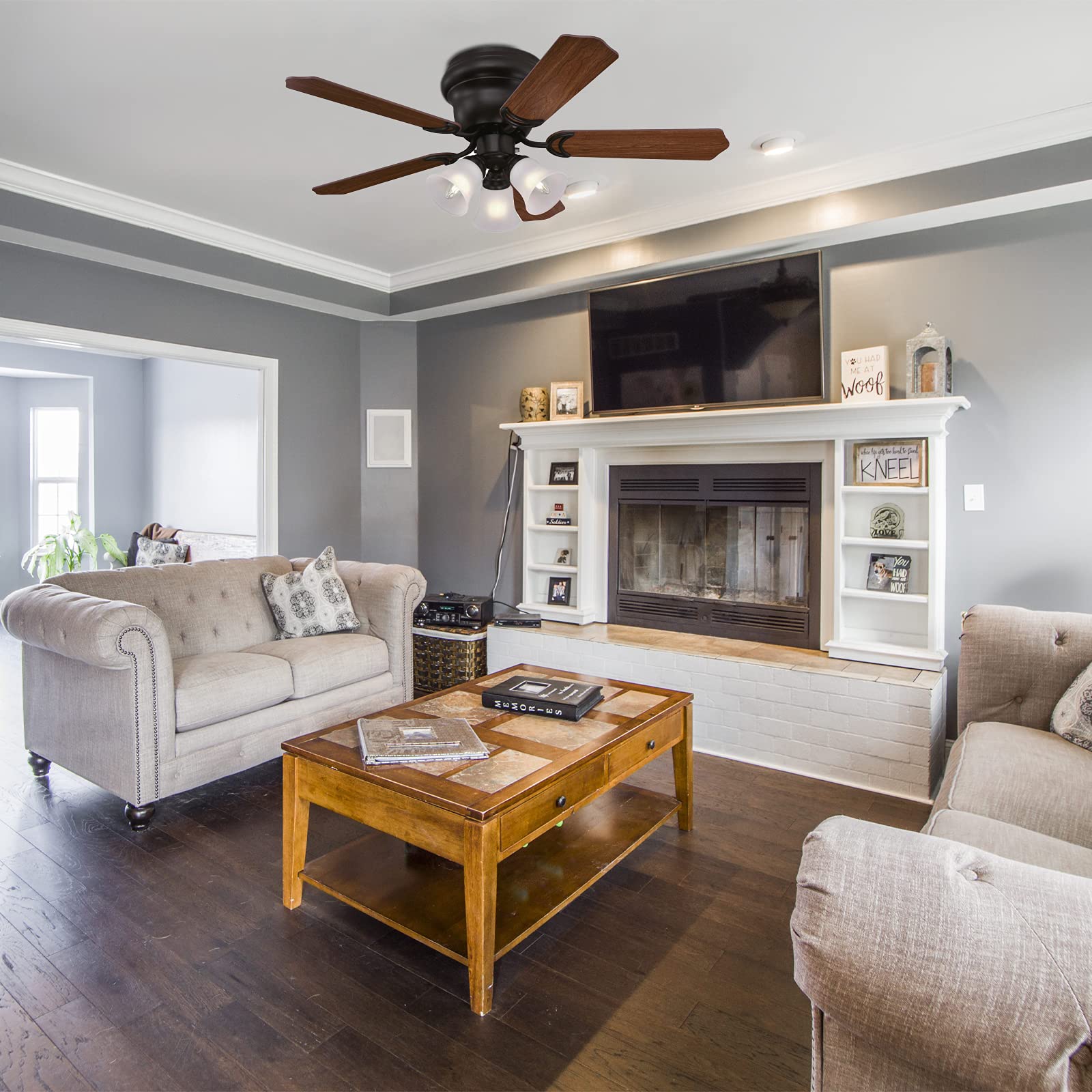 Ciata Lighting 42 Inch Contempra Trio Satin Brass Finish Indoor Ceiling Fan with Dimmable LED Light Fixture in Frosted Glass with Reversible Walnut/Maple Blades