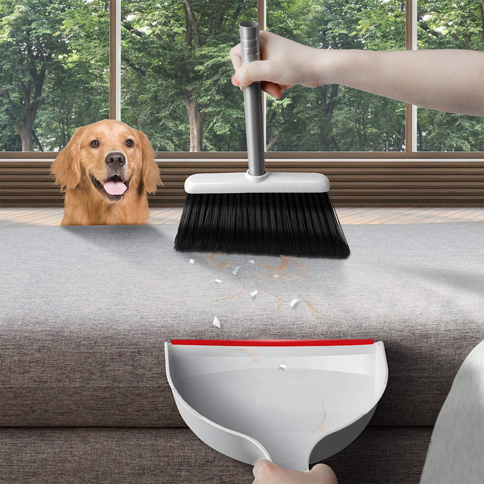Broom and Dustpan Set - Angle Broom with Handy Clip-on Dustpan, Light Broom with 51” Long Extendable Handle for Desk,Floor,Garage and Kitchen Red White