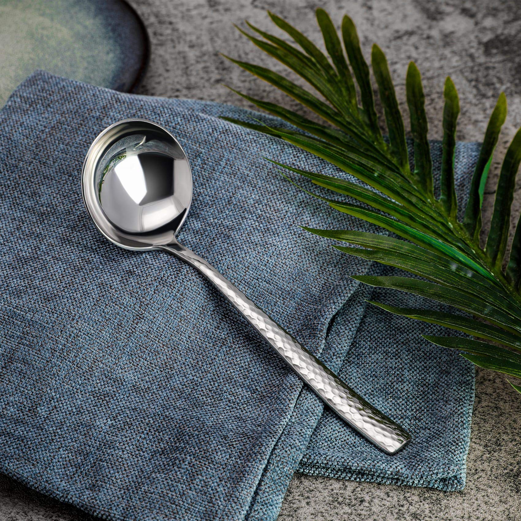 KEAWELL Unique 7.5 inch Small Hammered Sauce ladle, 1 oz. 18/10 Stainless Steel Gravy Soup Ladle. Solid and Sturdy, Dishwasher Safe (2)