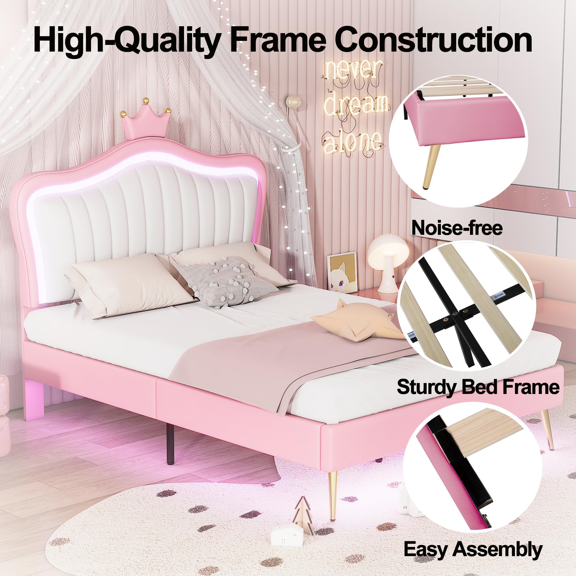 Harper & Bright Designs Full Size Princess Bed with Crown Headboard and LED Lights, PU Upholstered Full Platform Bed with Adjustable Headboard, Kids Full Size Bed Frame for Boys Girls (White+Pink)