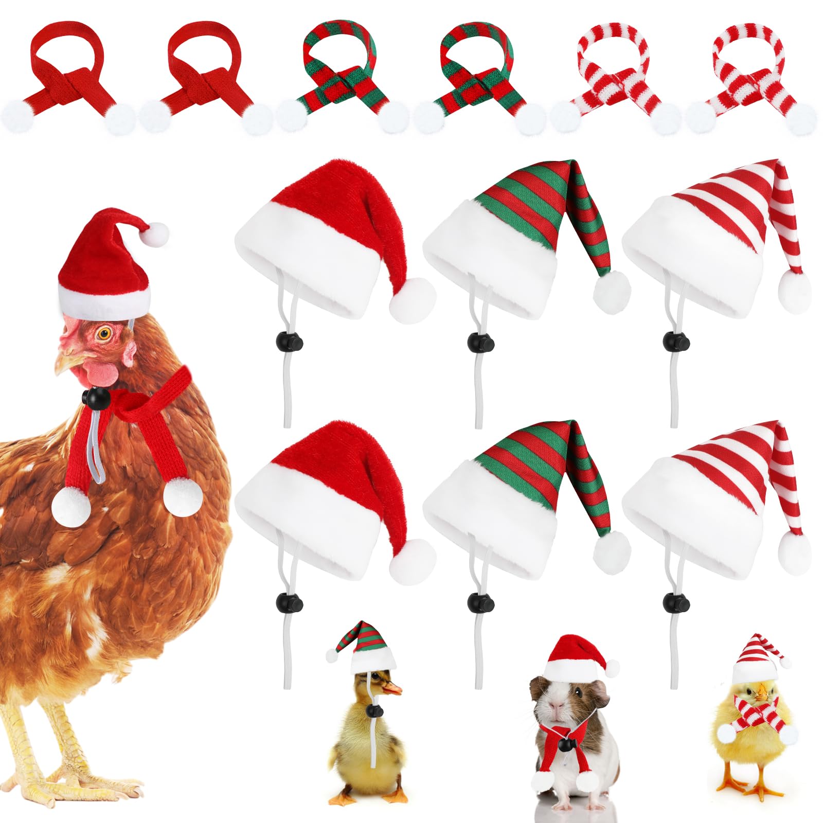 FOIMAS 12pcs Christmas Pet Chicken Hat Scarf Set Small Animal Hat Costume Set for Hen Duck Hamster Guinea Pig Rabbit Kitty Puppy Parrot Lizard Xmas Party Supply