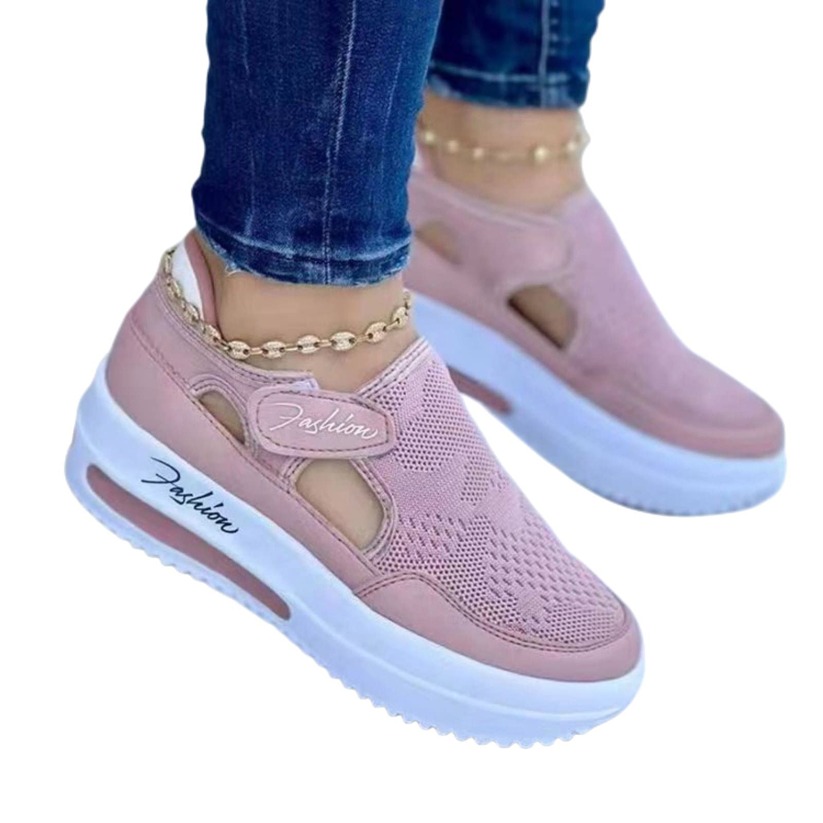 Casual Sneakers for Women Slip On Fashion Sneakers Mesh Hollow Out Vintage Shoes Velcro Shoes Outdoor Walking Shoes Comfort Wedge Shoes Breathable Sport Shoes Spring Summer Shoes Pink