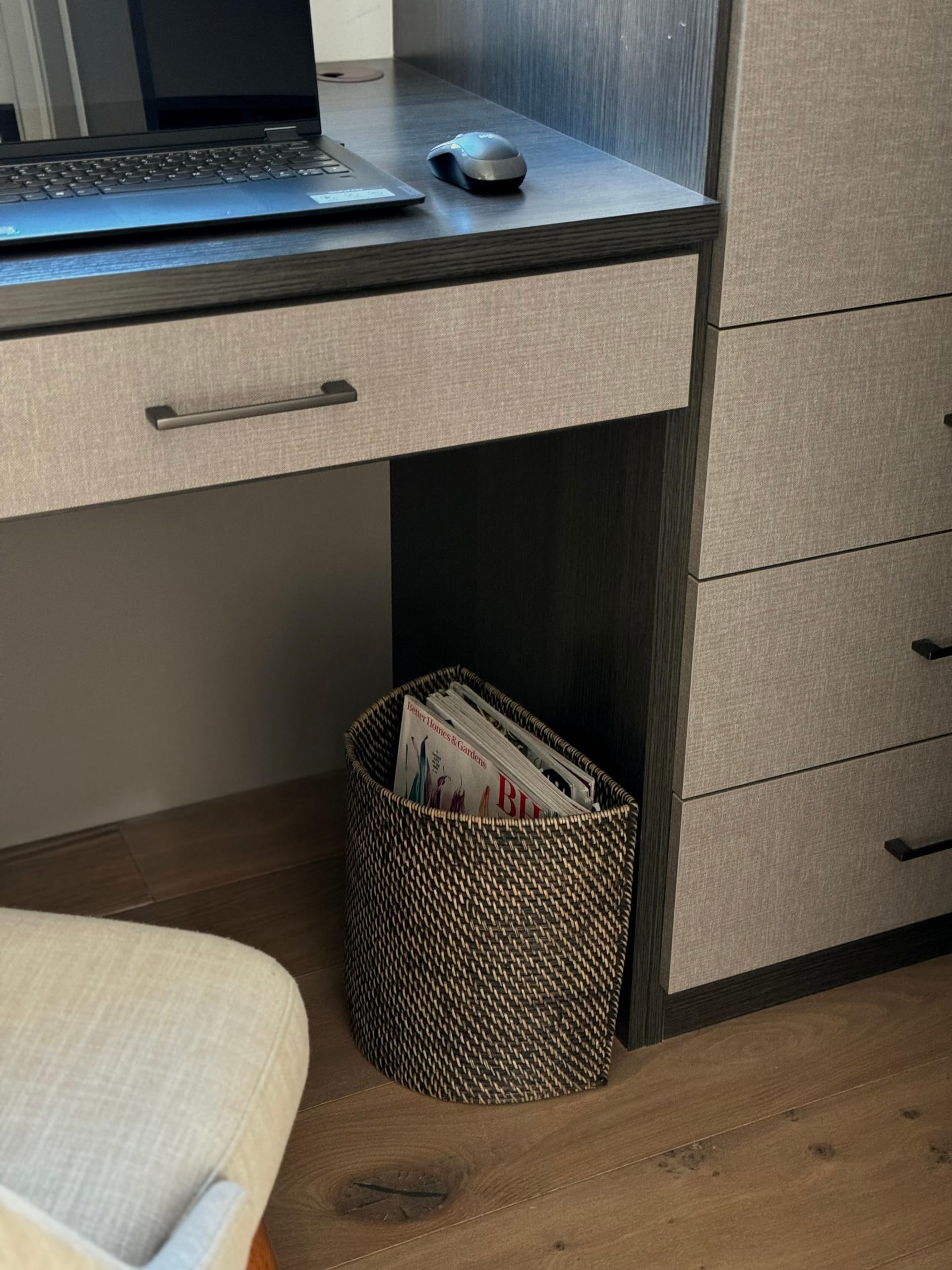 KOUBOO Rattan Laguna Half-Moon Waste Basket Trash Can โ Laundry Room Storage, Wicker Garbage Can, Office, Bathroom, Kitchen, Bedroom Waste Basket, Gray - Brown
