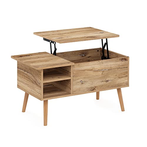 Furinno Jensen Living Room Wooden Leg Lift Top Coffee Table with Hidden Compartment and Side Open Storage Shelf, Flagstaff Oak