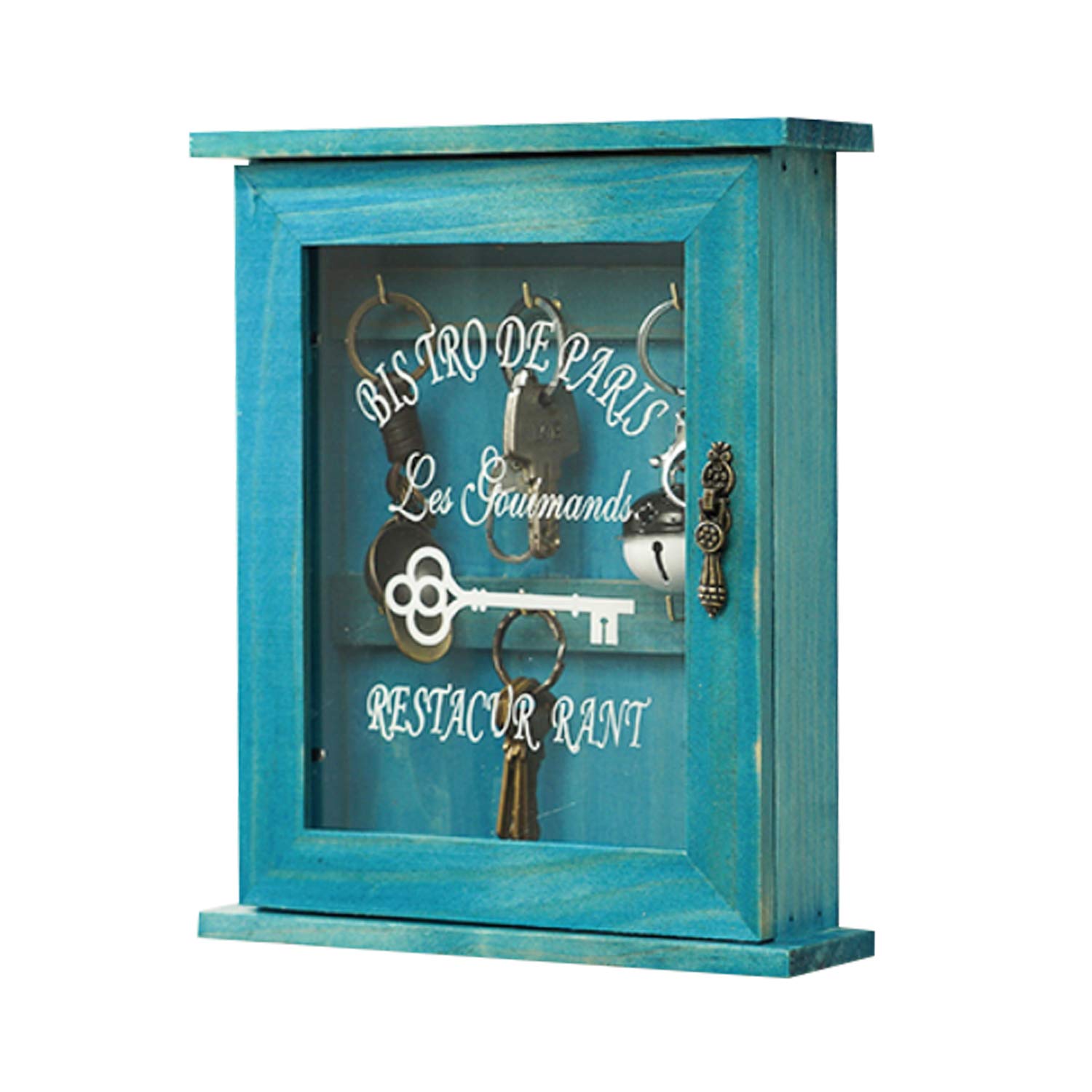 Glass Wooden Box Key Holder for Wall with 6 Hooks - 8.27" x 9.84" x 2.36" Entryway Storage Cabinet - Rustic Decor & Floating Shelf - Key Rings & Mail Organizer Wall Shelf - Vintage Wall Decor - Aqua
