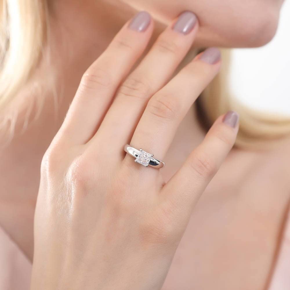 BERRICLE Sterling Silver Solitaire Wedding Engagement Rings 1.2 Carat Princess Cut Cubic Zirconia CZ Ring for Women, Rhodium Plated Size 4