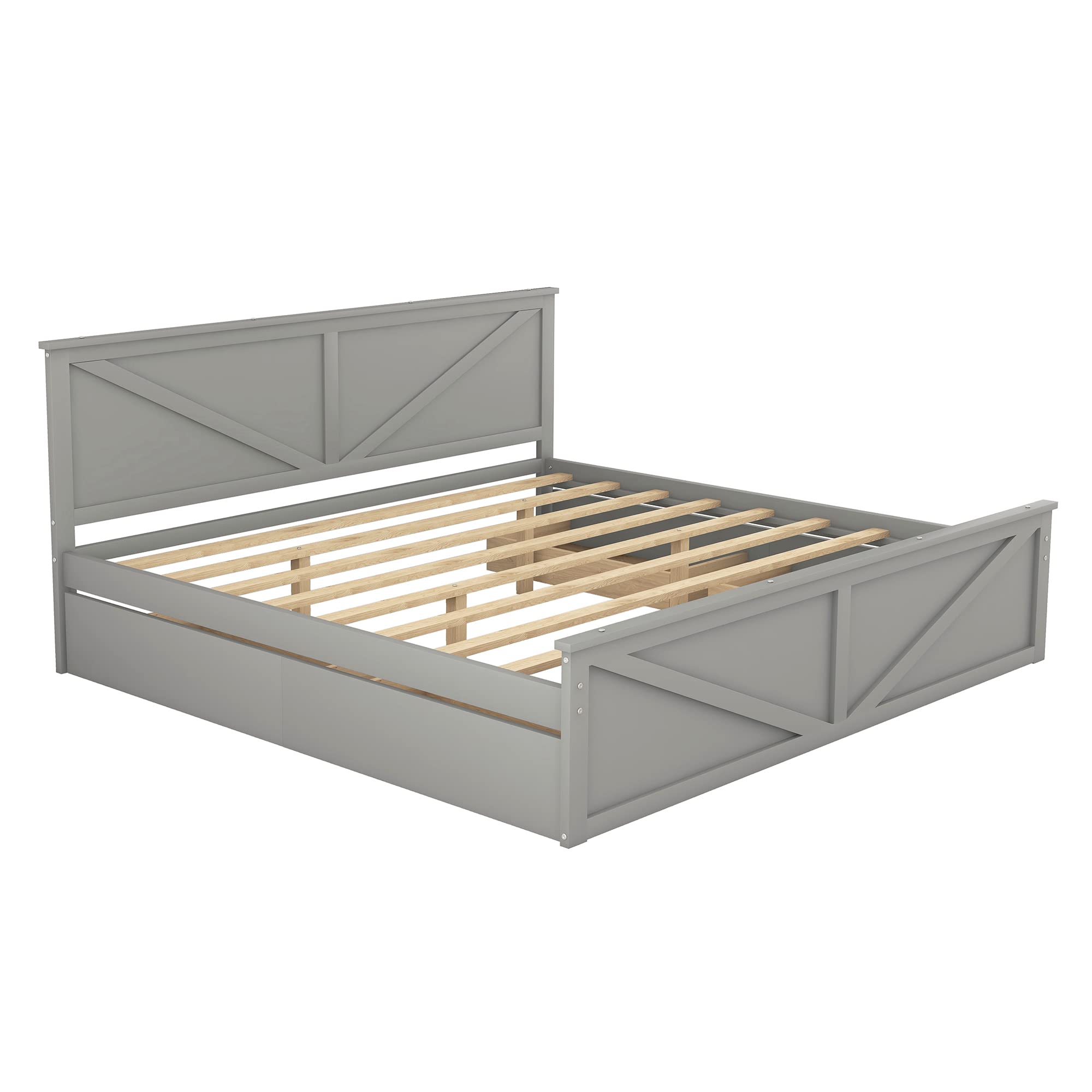 BOVZA King Size Wooden Platform Bed Frame with Headboard and 4 Storage Drawers, Wood Support Slats, No Box Spring Needed, Gray