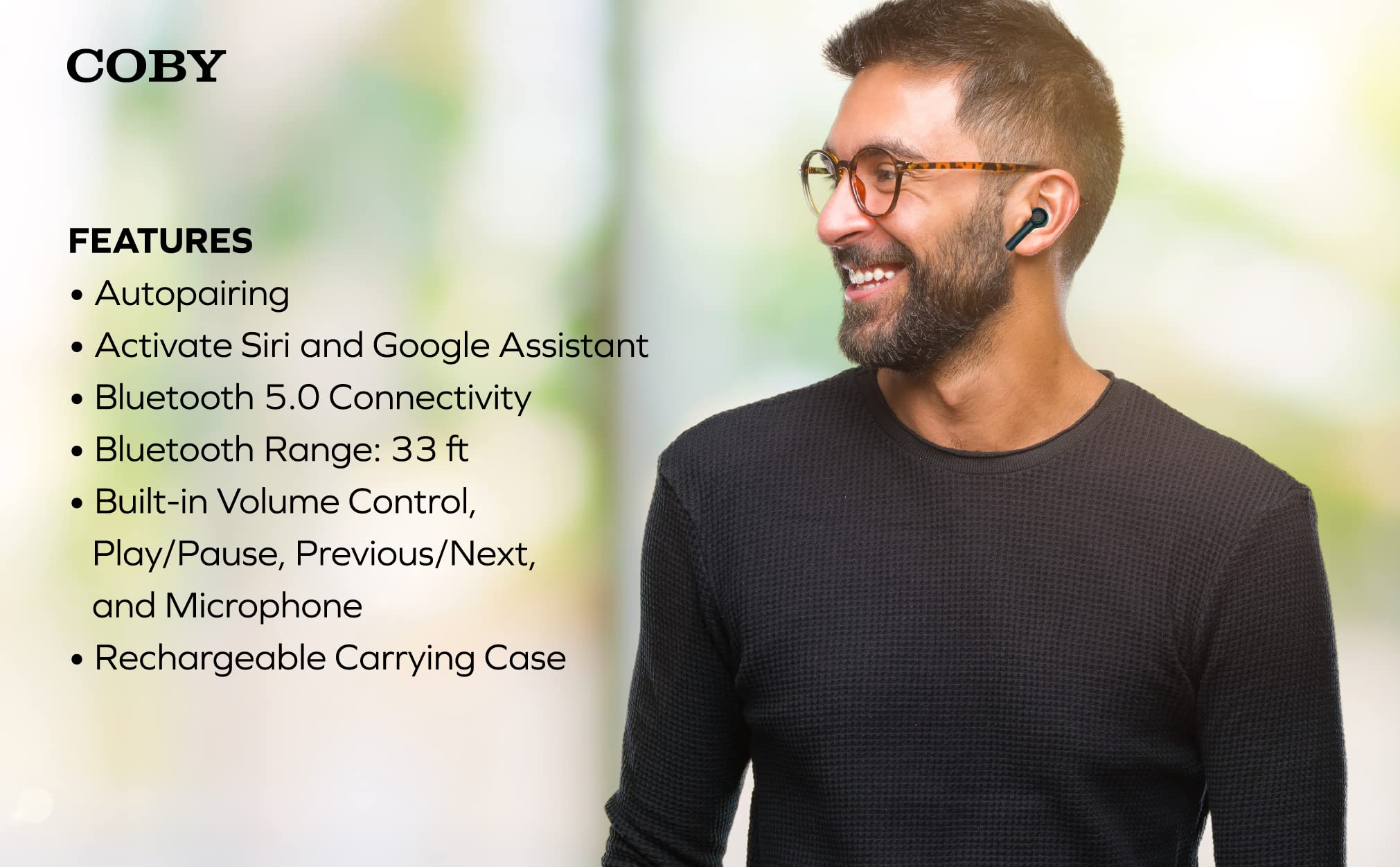 Coby True Wireless Earbuds | Bluetooth Ear Buds with Auto-Pairing | 22-HR Play w/Rechargeable Carry Case | Built-in Microphone |Touch Controls | Siri, Google Assistant Compatible Bluetooth Headphones