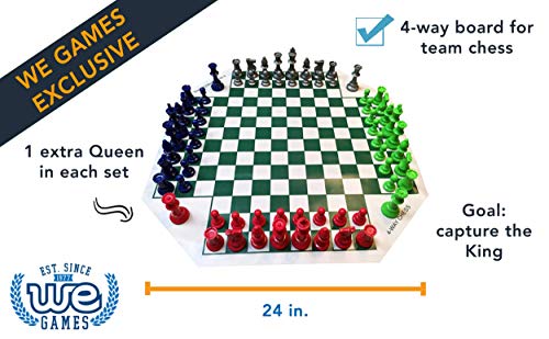 WE Games Four Player Chess Set, Chess Board for Team Chess, Combination Chess Game for Up to 4 Players, Unique Chess Sets for Adults and Kids, Roll Up Vinyl Chess Mat with 4 Sets of Chess Pieces
