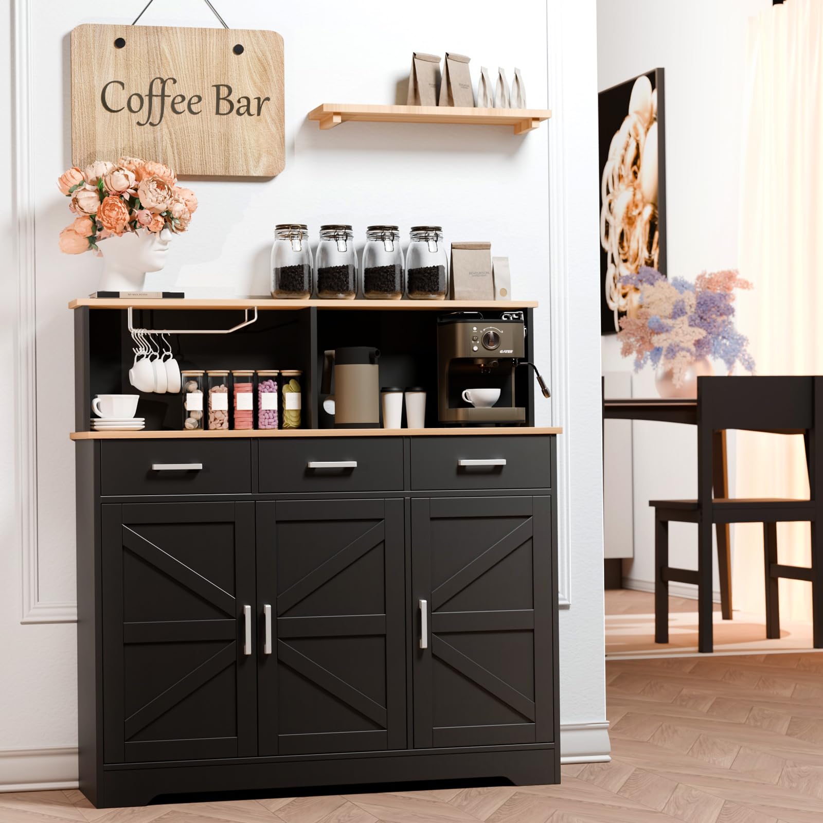 Black Buffet Sideboard Storage Cabinet - 47" Large Double-Layer Kitchen Pantry Cabinet with 3 Drawers & 3 Doors, Modern Liquor Coffee Bar Cabinet Buffet Table with Hutch for Dining Living Room