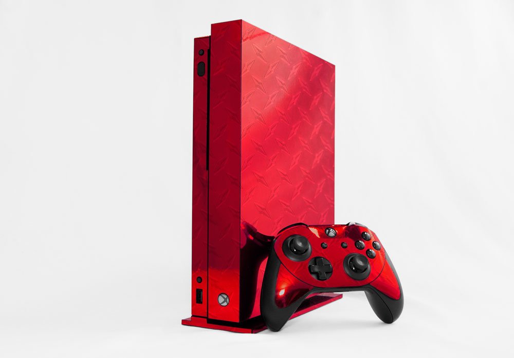 Red Diamond Plate Mirror - Vinyl Decal Mod Skin Kit by System Skins - Compatible with Microsoft Xbox One X (XB1X)