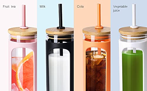 Kodrine 20oz Glass Water Tumble with Straw and Lid,Bamboo Lids Water Bottle, Iced Coffee Cup Reusable, Wide Mouth Smoothie Cups, Straw Silicone Protective Sleeve BPA FREE-Pink